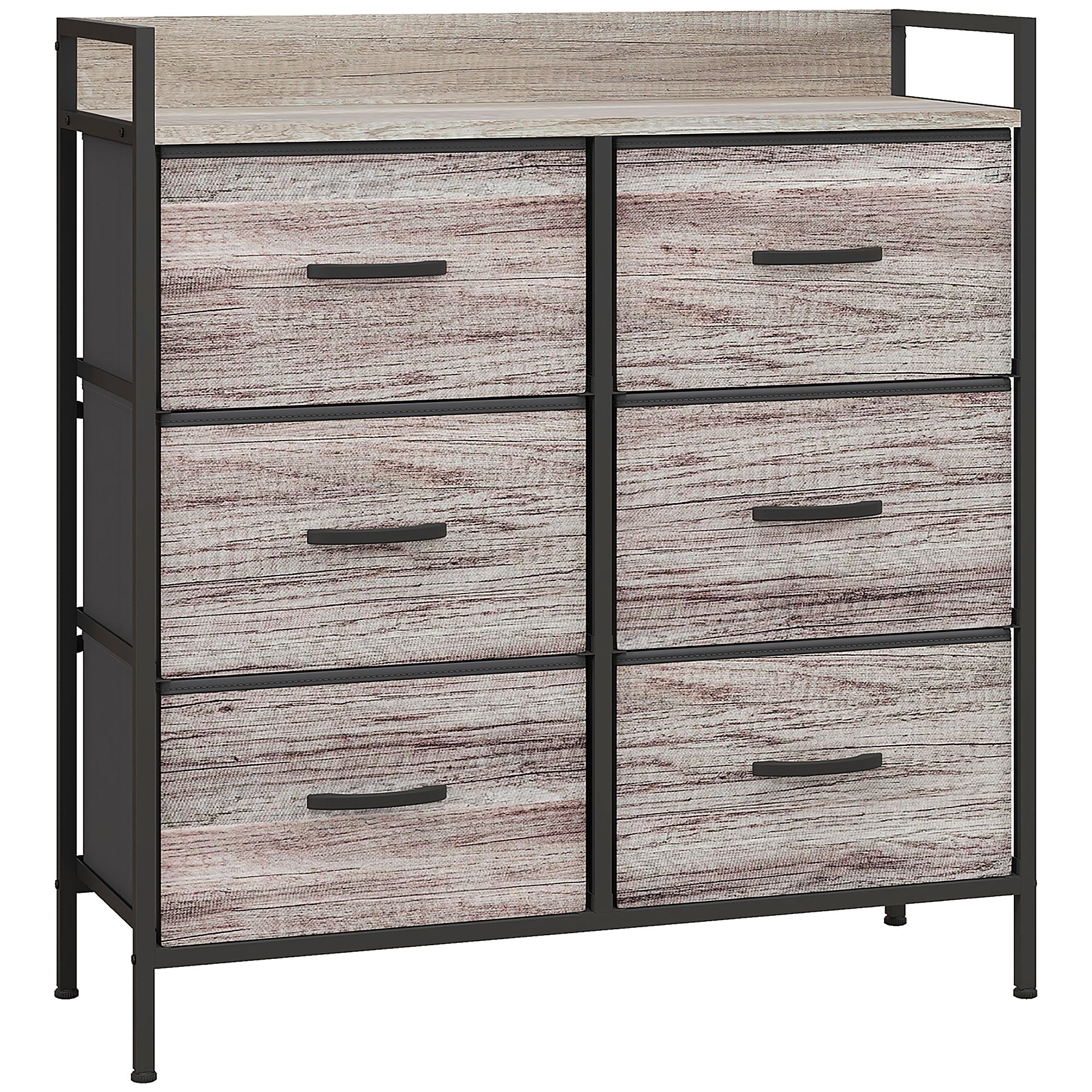 HOMCOM Rustic Chest of Six Fabric Drawers - Grey Wood Effect ...