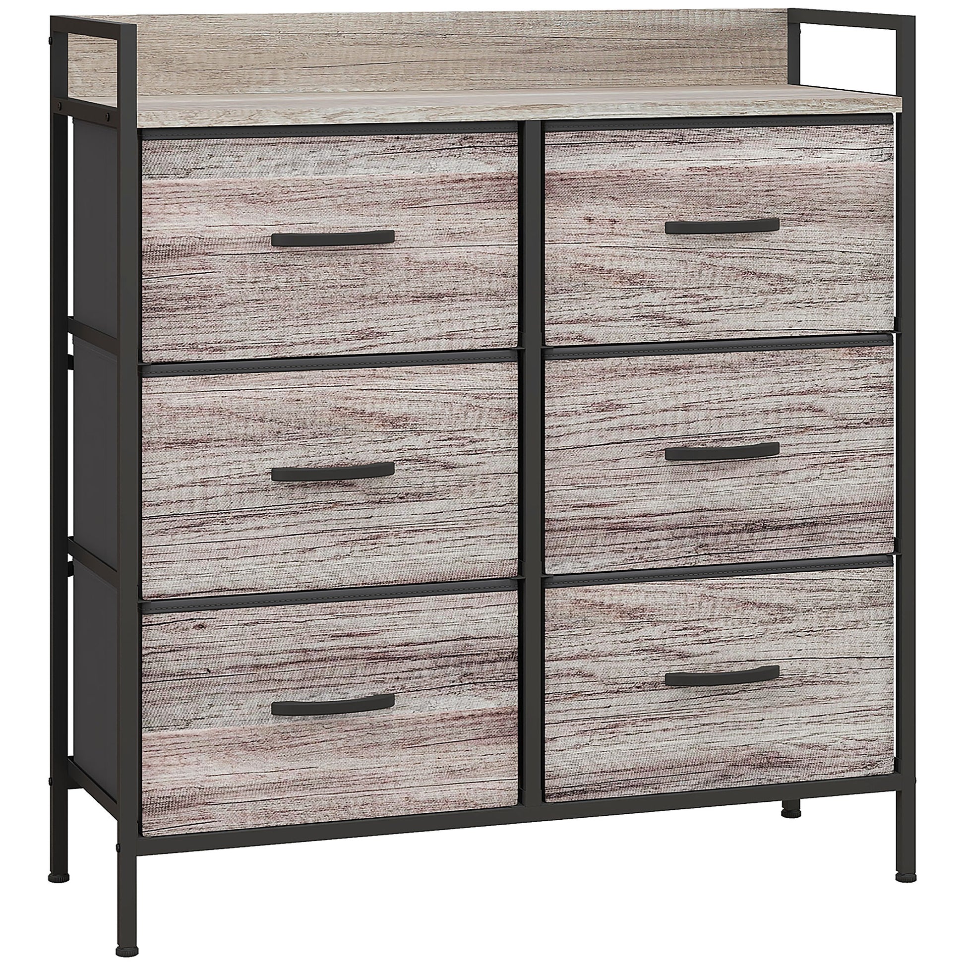 HOMCOM Rustic Chest of Six Fabric Drawers - Grey Wood Effect ...