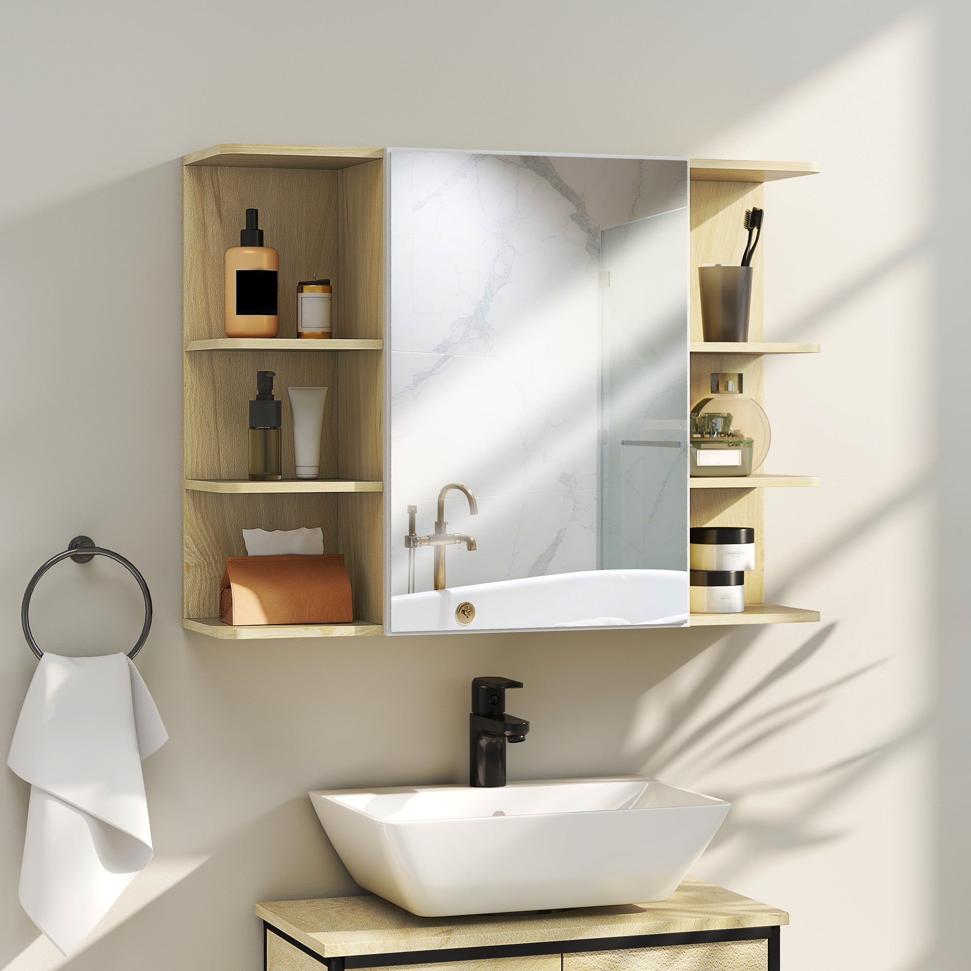 HOMCOM Bathroom Mirror Cabinet with Open Storage Shelves - Natural Woo ...