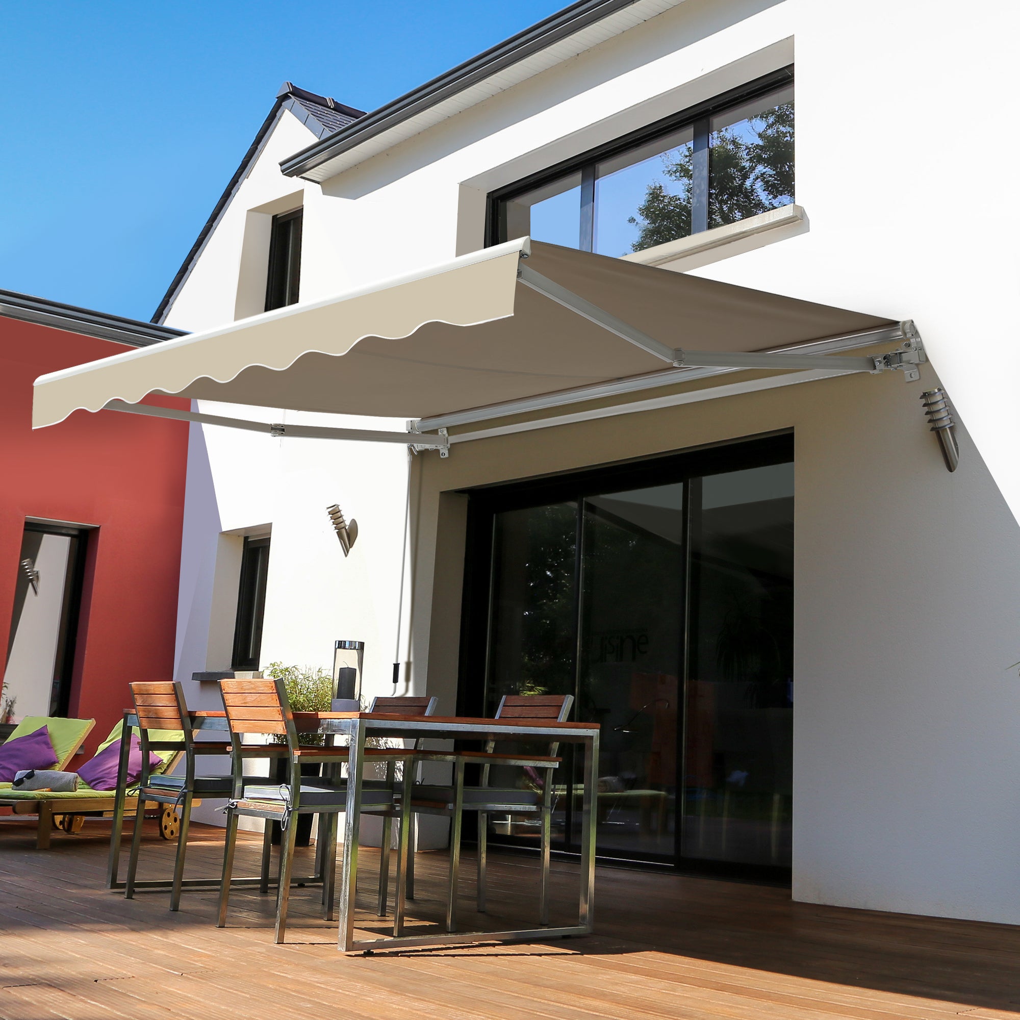 Outsunny 2.5x2 m Manual Retractable Awning-Beige Canopy/White Frame ...